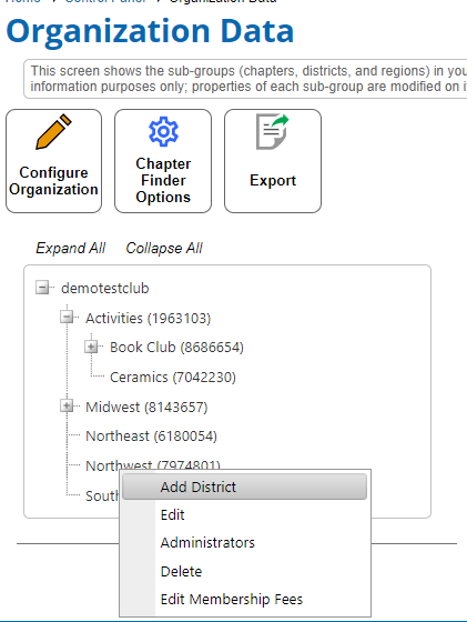 Adding Regions, Districts and Chapters – ClubExpress Help Center